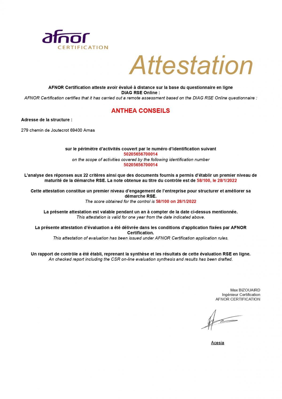 Diag RSE on Line » validée par ACESIA - Anthéa Conseils